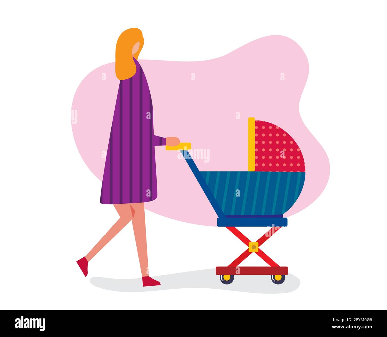 young mother pushing baby stroller vector illustration in flat style ...