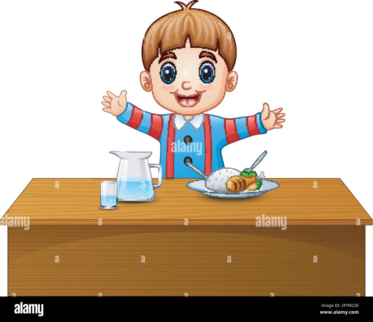 Cartoon happy boy ready eating on dining table Stock Vector Image & Art ...