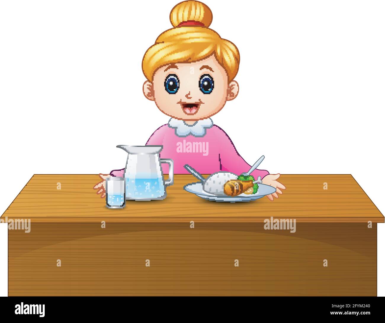 Cartoon happy blonde haired mother and healthy food on dining table ...