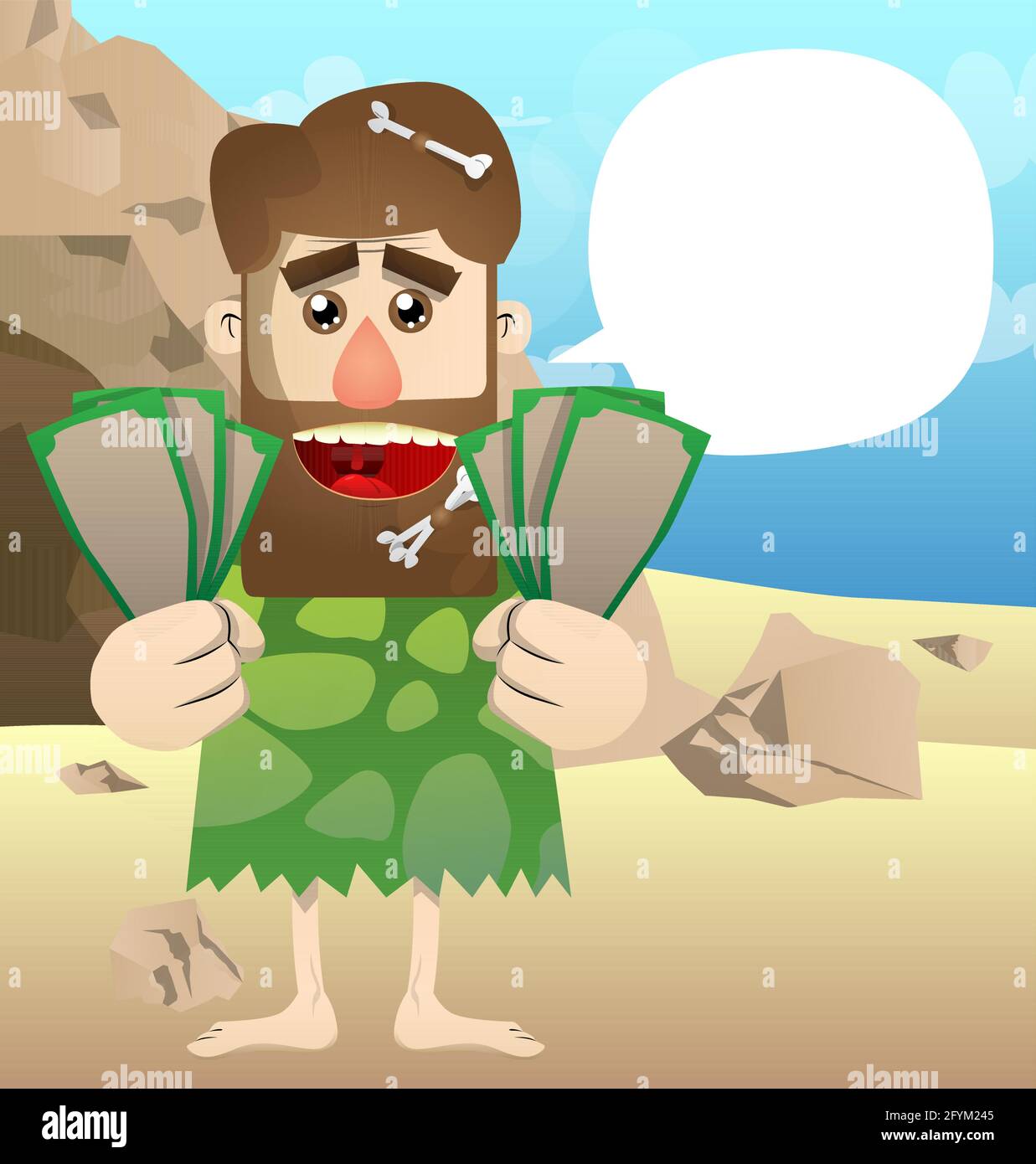 Cartoon prehistoric man holding or showing money bills. Vector ...