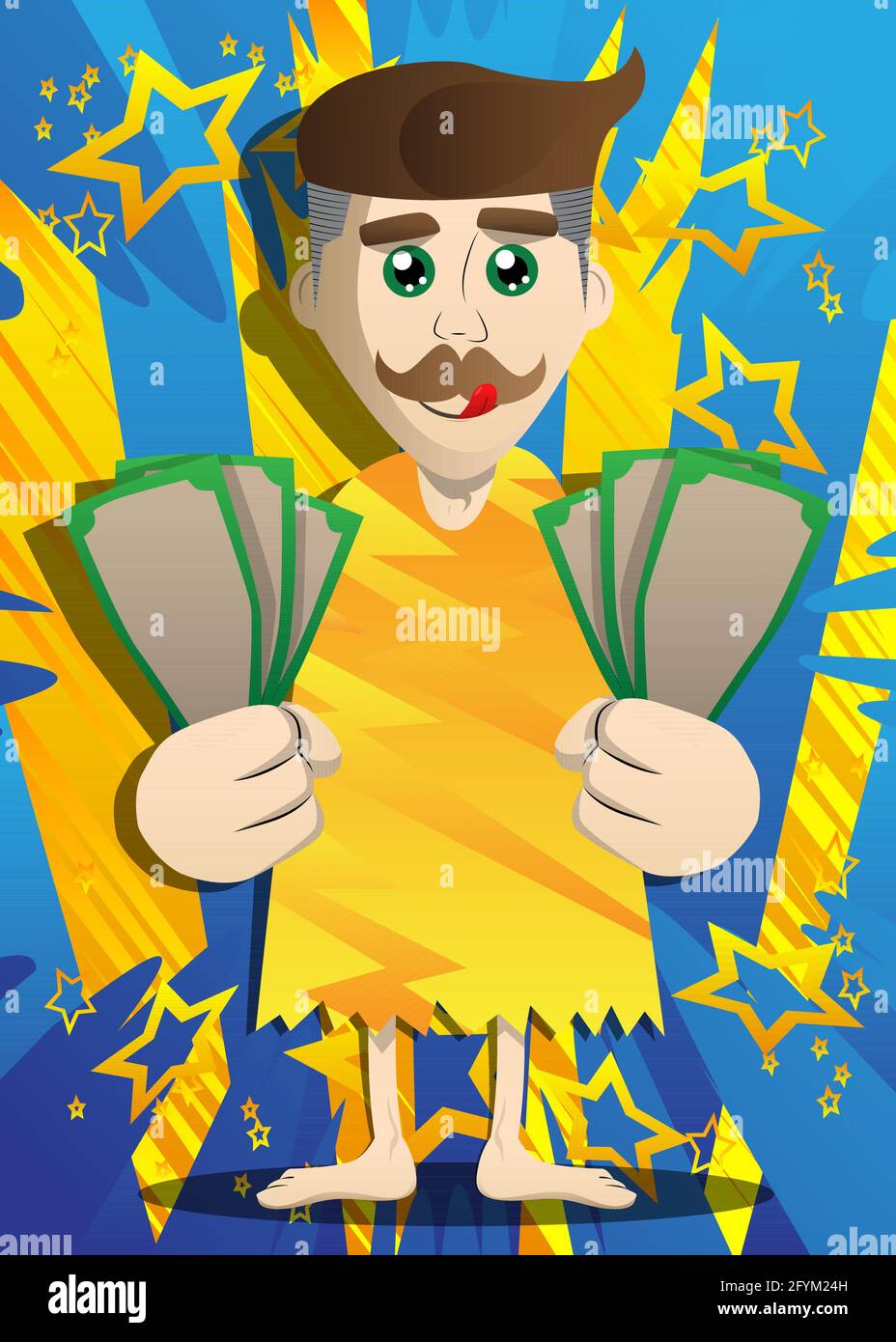 Cartoon prehistoric man holding or showing money bills. Vector ...