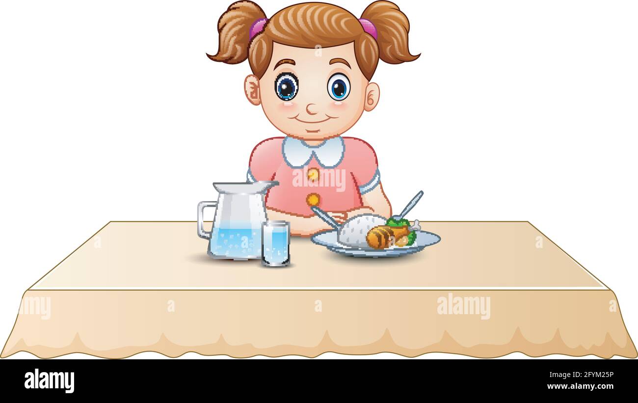 Cute little girl cartoon eating on dining table Stock Vector Image ...