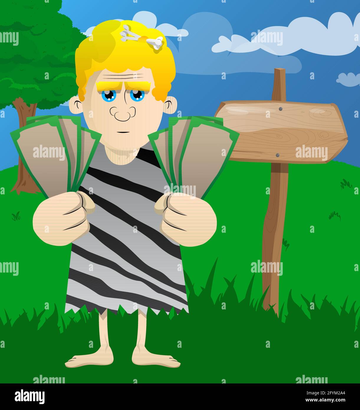 Cartoon prehistoric man holding or showing money bills. Vector ...