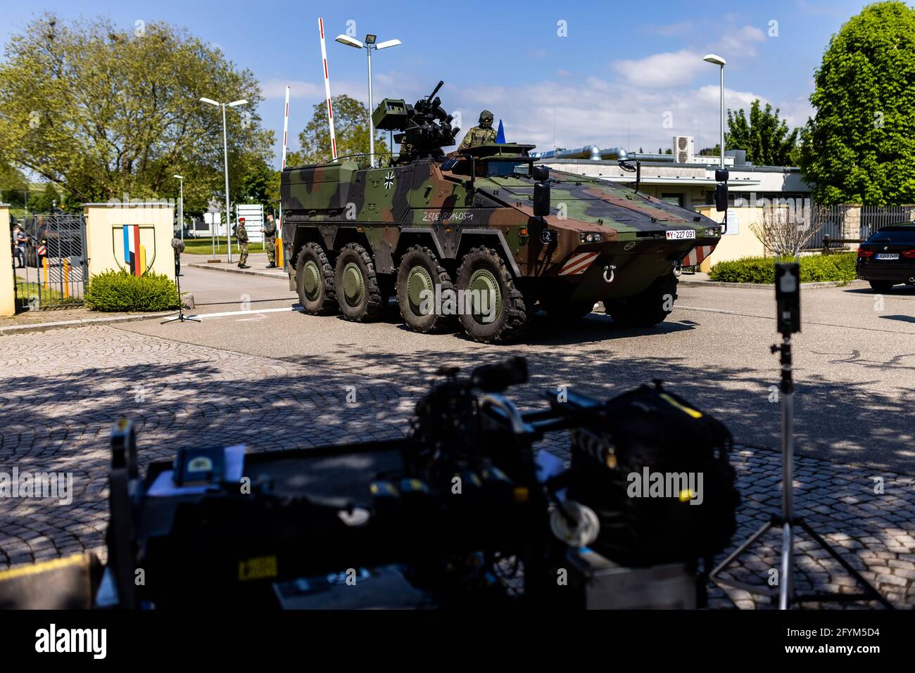 28 May 2021, Baden-Wuerttemberg, Müllheim: An armoured transport ...