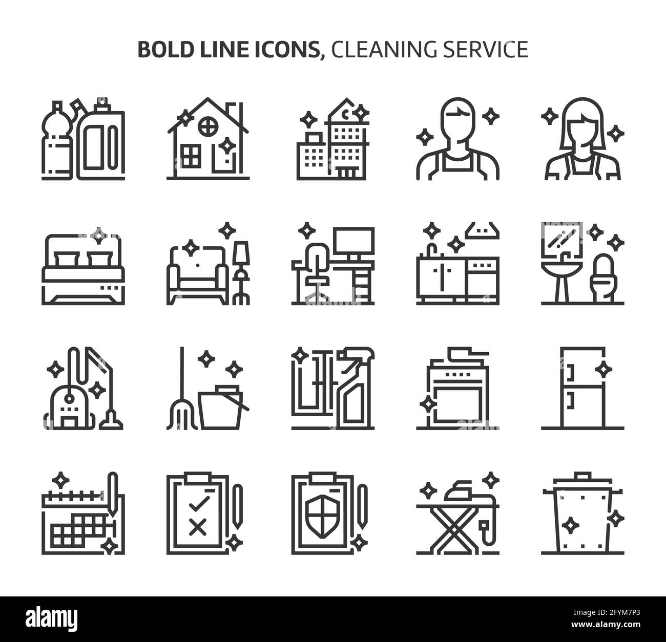 Cleaning service, bold line icons. The illustrations are a vector ...