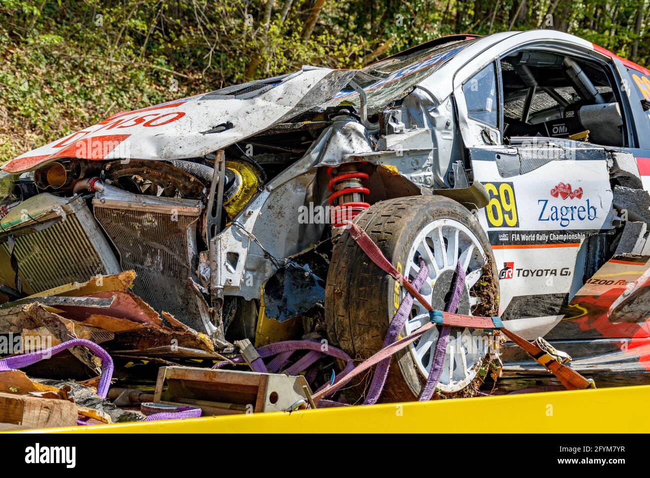 ZAGREB, CROATIA - May 26, 2021: Crashed Toyota Gazoo Racing Yaris WRC ...