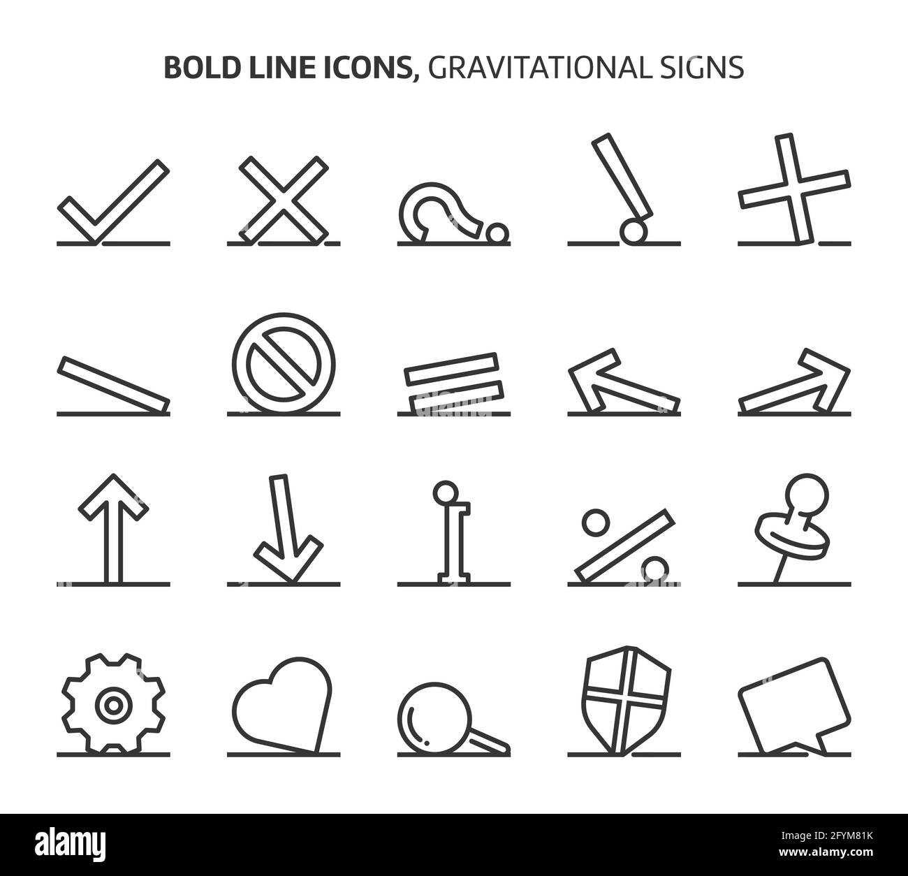 Gravitational signs, bold line icons. The illustrations are a vector ...