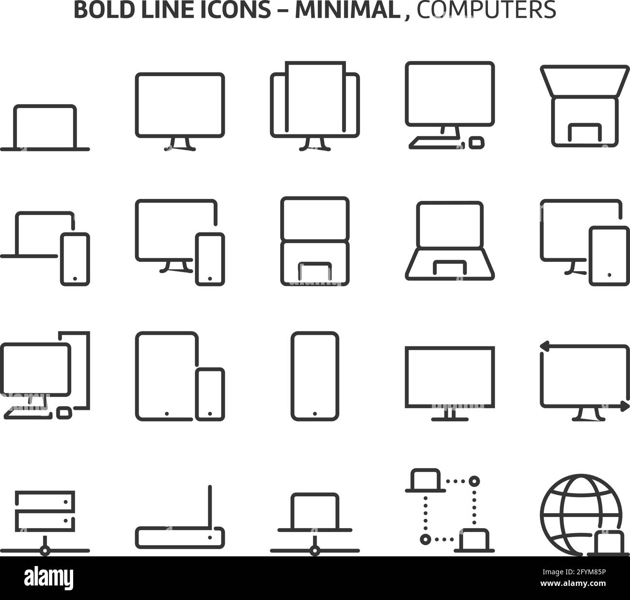 Computers, bold line, minimal icons. The illustrations are a vector ...