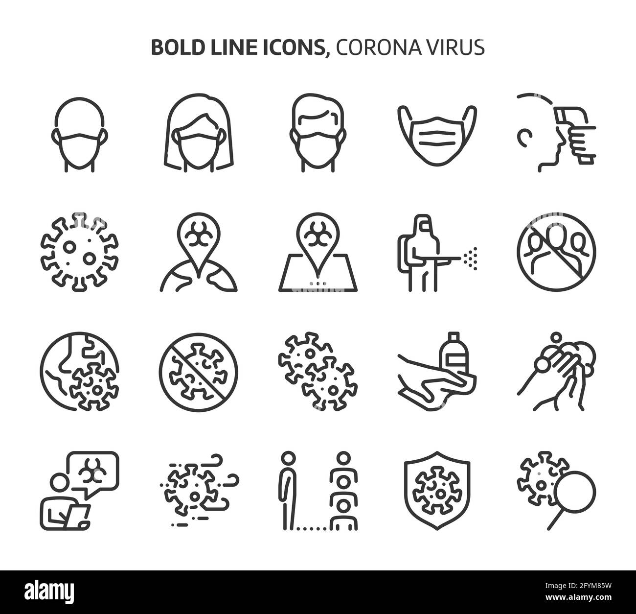 Corona virus, bold line icons. The illustrations are a vector, editable ...