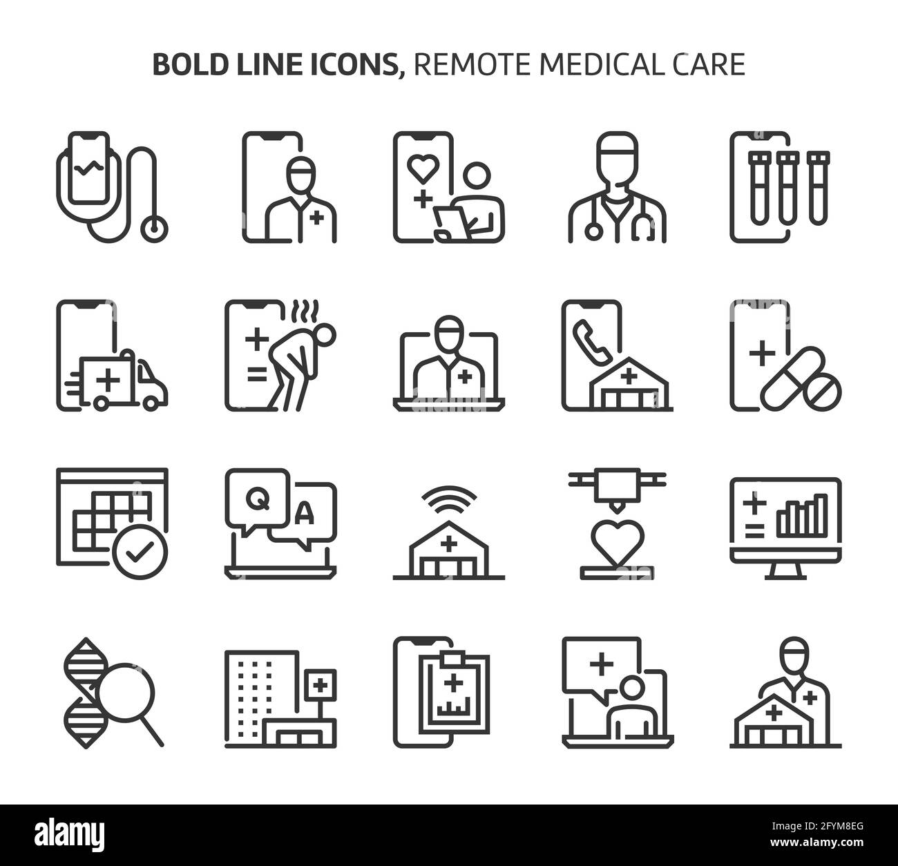 Remote medical care, bold line icons. The illustrations are a vector ...