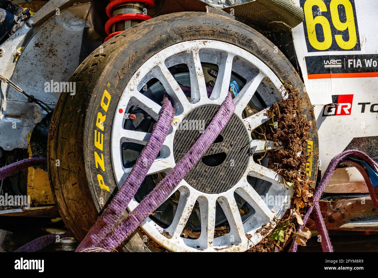 ZAGREB, CROATIA - Apr 23, 2021: Close-up image of dirty tire on WRC ...