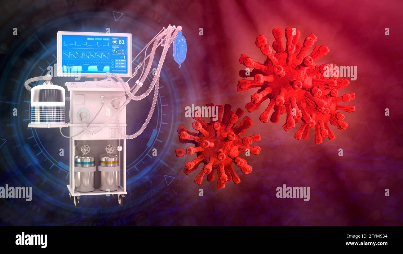 ICU lungs ventilator with coronavirus, cg medical 3d illustration Stock ...