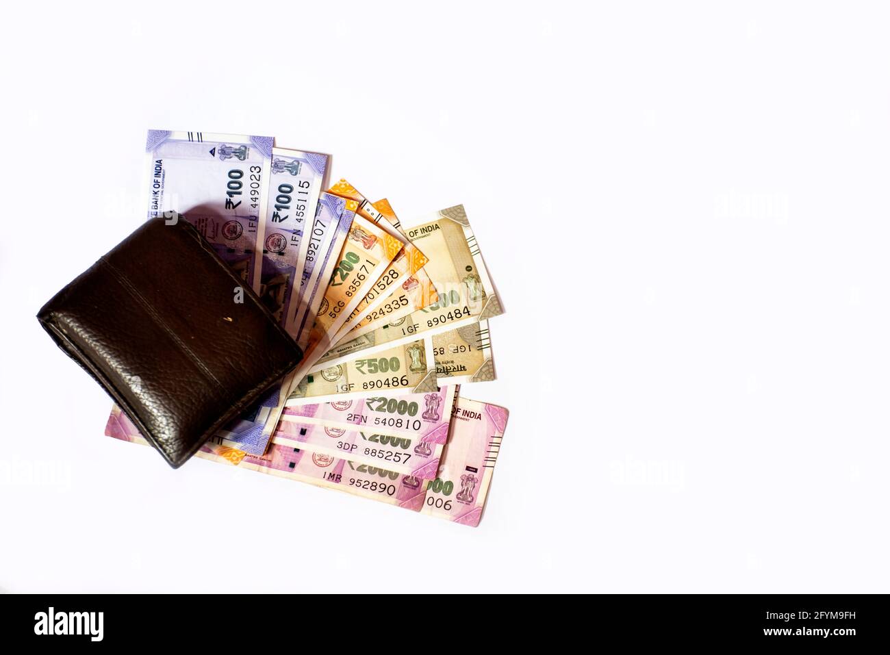 Close up view of wallet with Indian currency banknotes isolated on ...