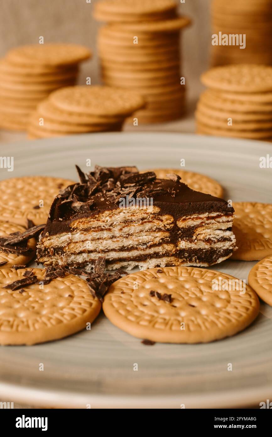 Piece of homemade chocolate and biscuit cake. Delicious cake on biscuit ...