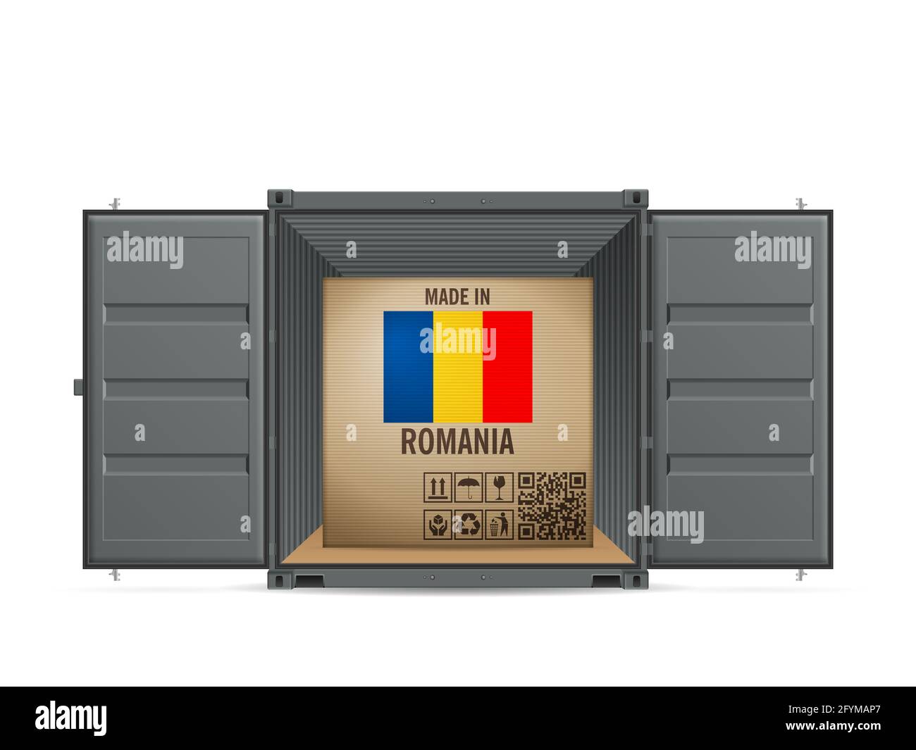 Cardboard box Romania in cargo container on a white background. Vector ...