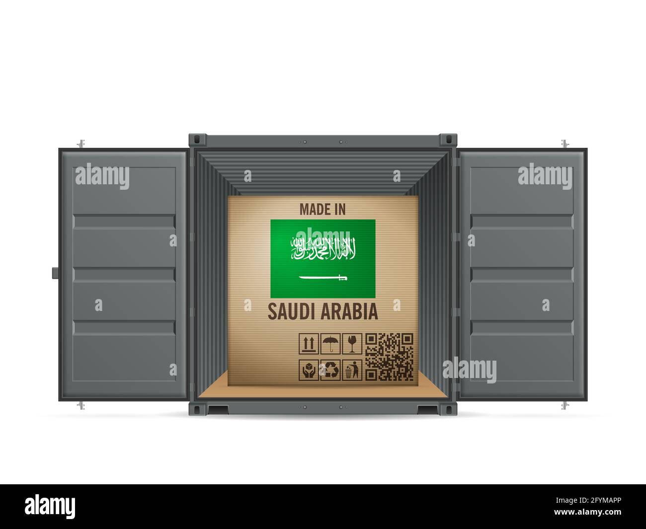 Cardboard box Saudi Arabia in cargo container on a white background ...