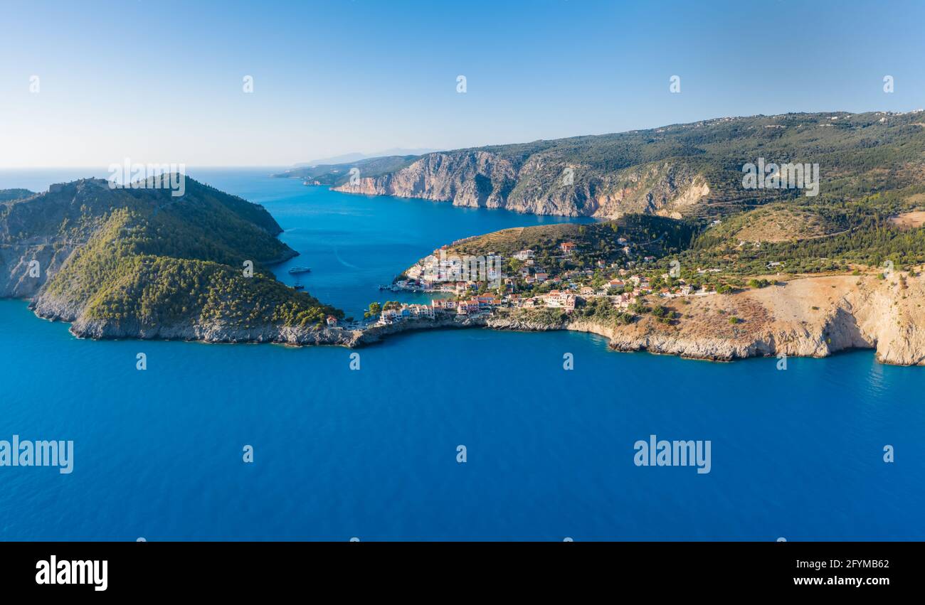 Aerial view of Assos in island of Cefalonia, Ionian, Greece. Aerial ...