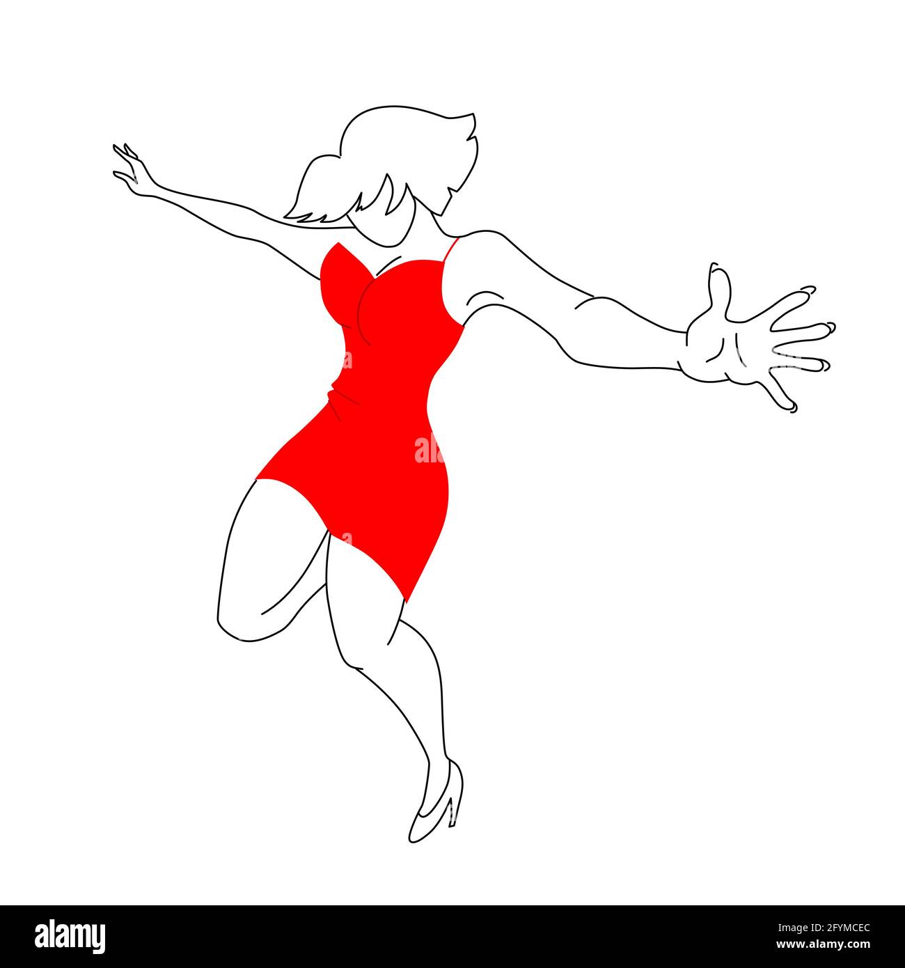 A dashingly dancing woman in a red dress. Contour drawing on white ...