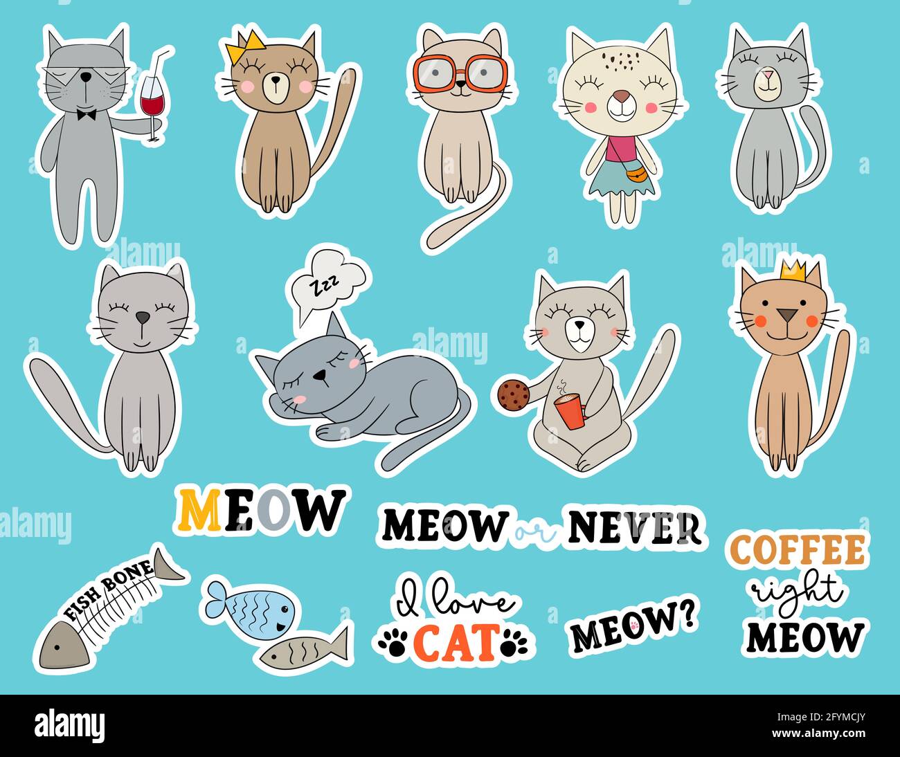 Hand drawn collection with colorful cat doodle stickers. Vector ...