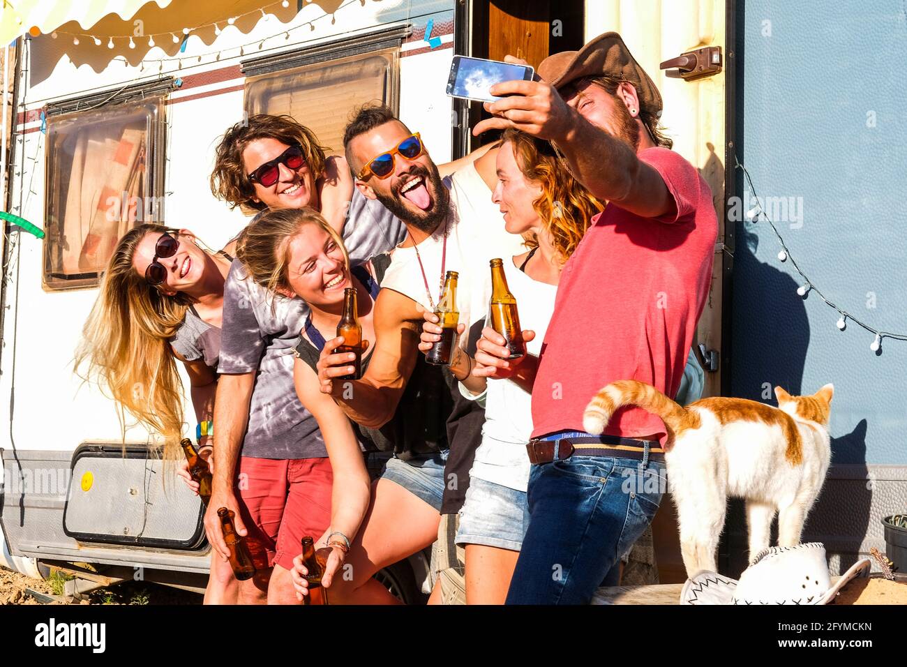 Group of young people friends take selfie picture in country side ...