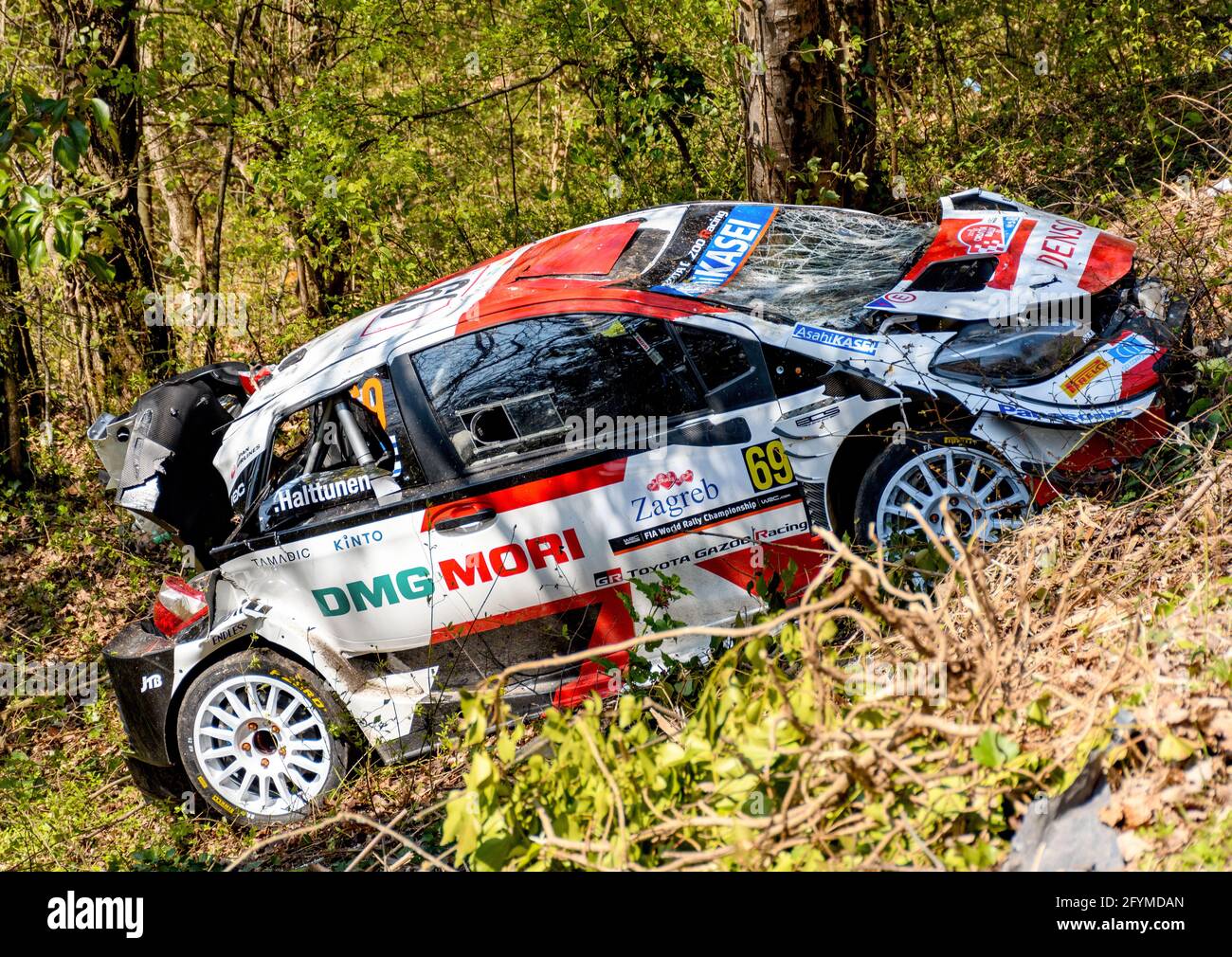 ZAGREB, CROATIA - Apr 23, 2021: Crashed Toyota Gazoo Racing Yaris WRC ...