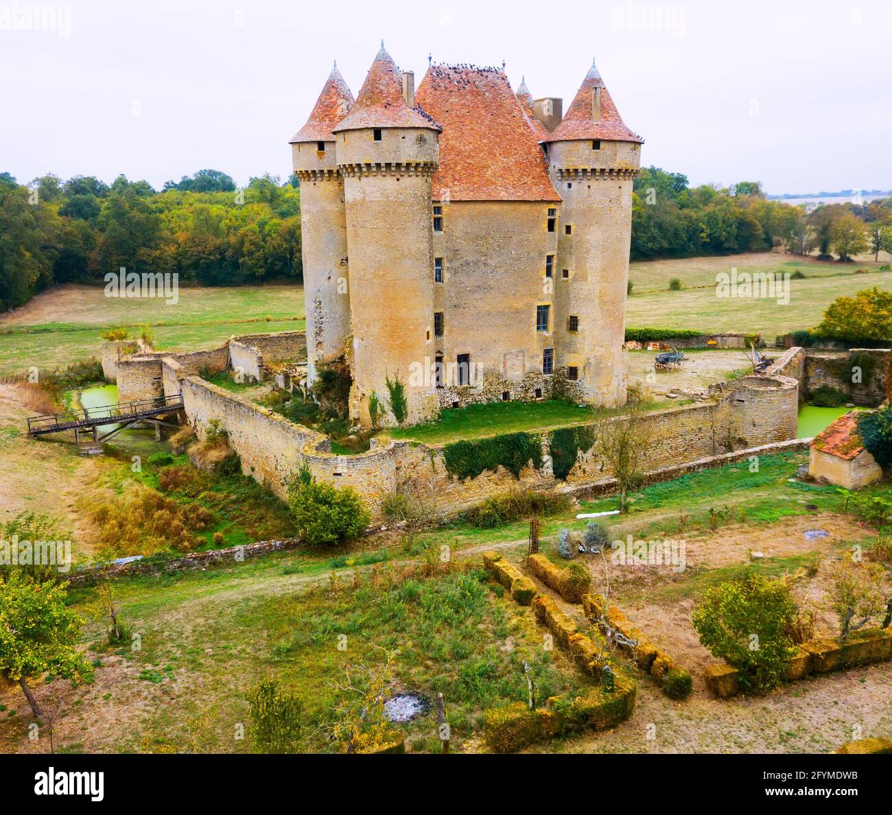 Aerial view of medieval fortification Chateau Sarzay in France Stock ...