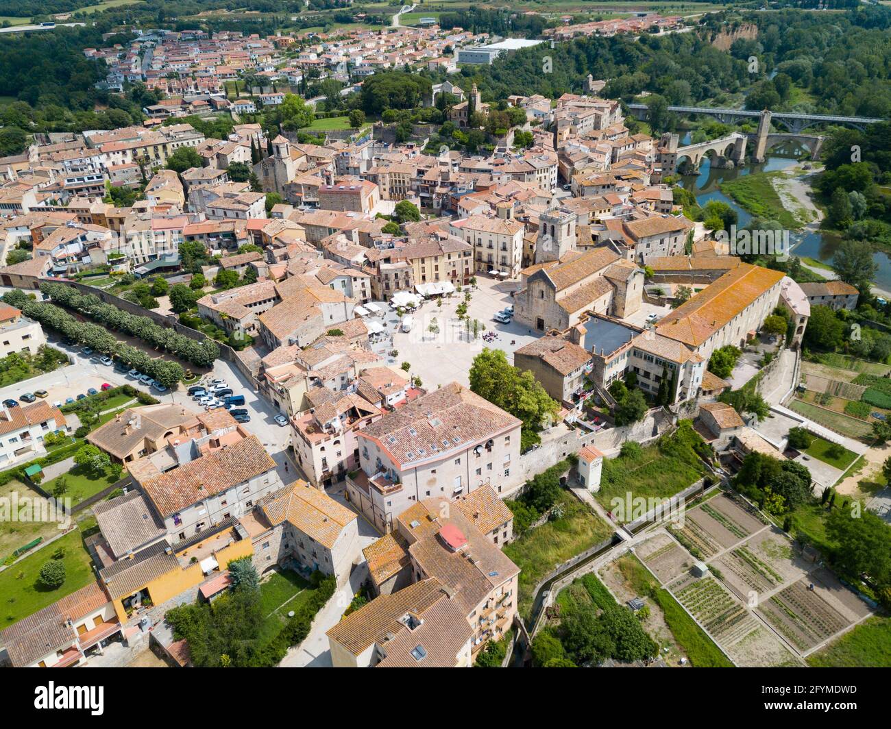 Aerial view of historic centre of Besalu with Romanesque bridge over ...