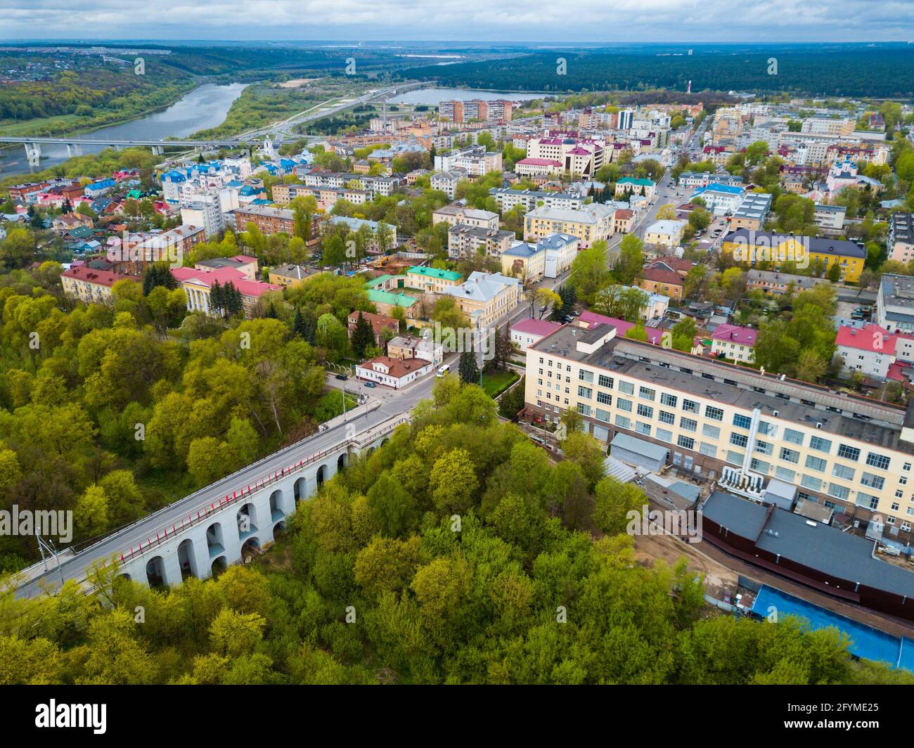 Scenic view from drone of Kaluga modern cityscape with oldest Russian ...