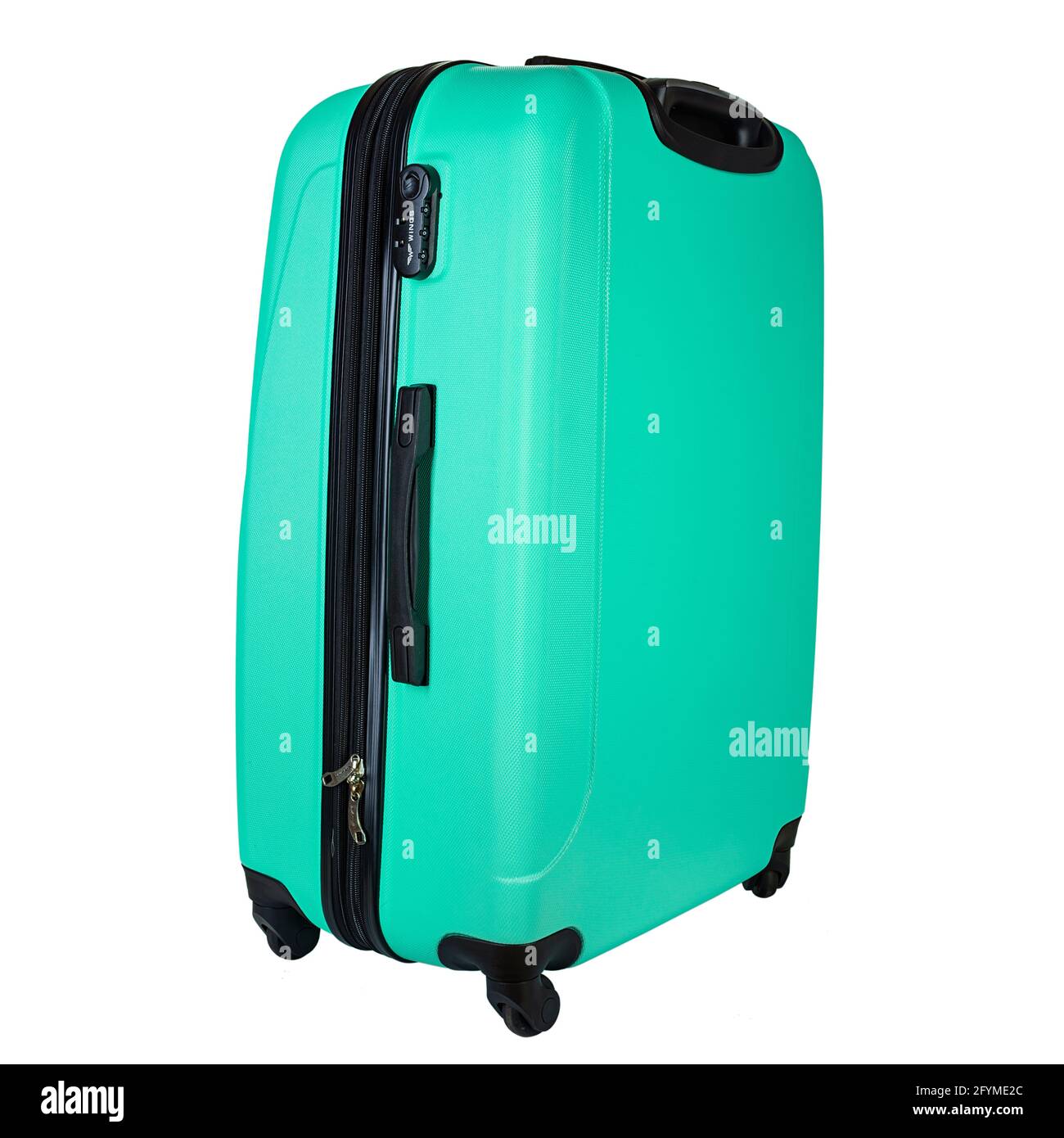 Plastic suitcase turquoise color on wheels for travel. Travel concept ...