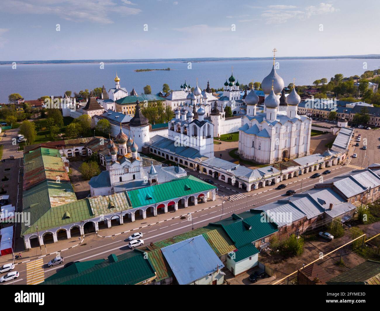 Aerial view of architectural complex of Rostov Kremlin located on board ...