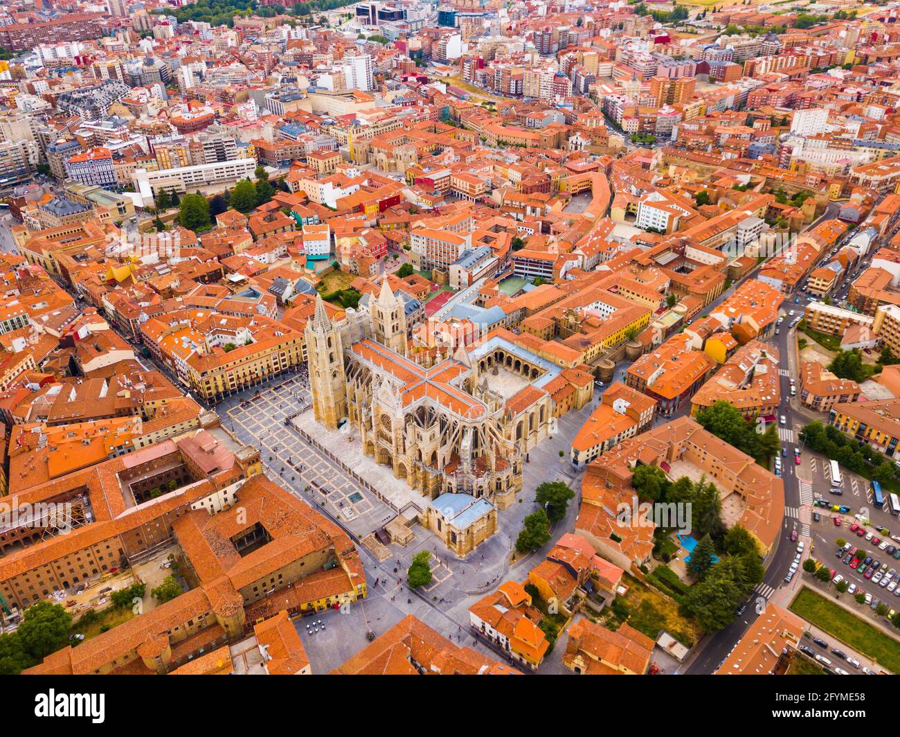 Aerial view of Leon cityscape with ancient Santa Maria de Leon ...