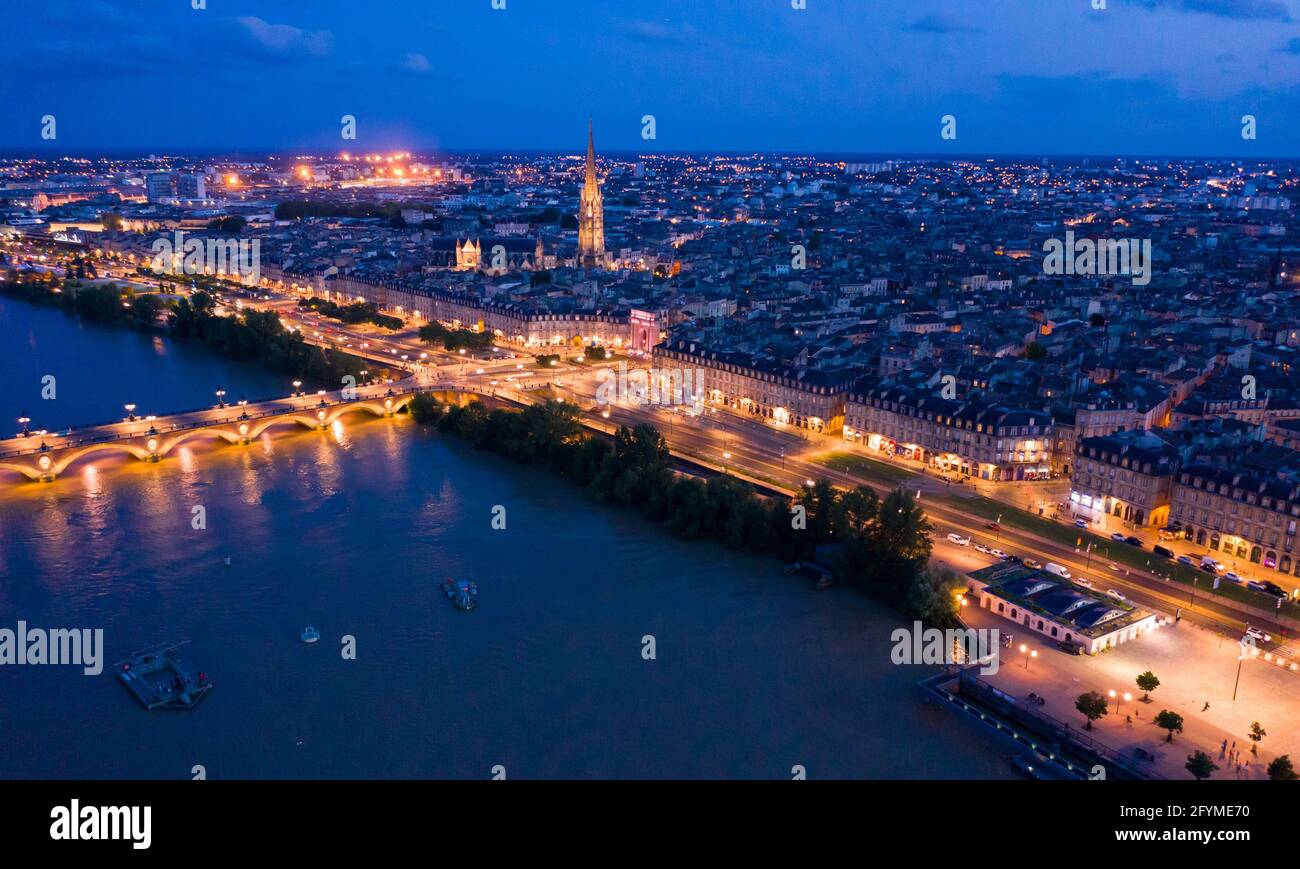 Night aerial view of historic centre of Bordeaux. France Stock Photo ...