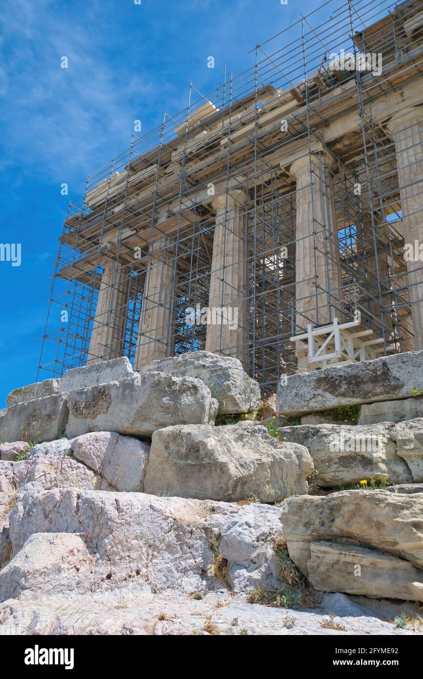 Parthenon, the temple of the Goddess Athena on the rock of the Acropolis, Athens, Greece Stock ...