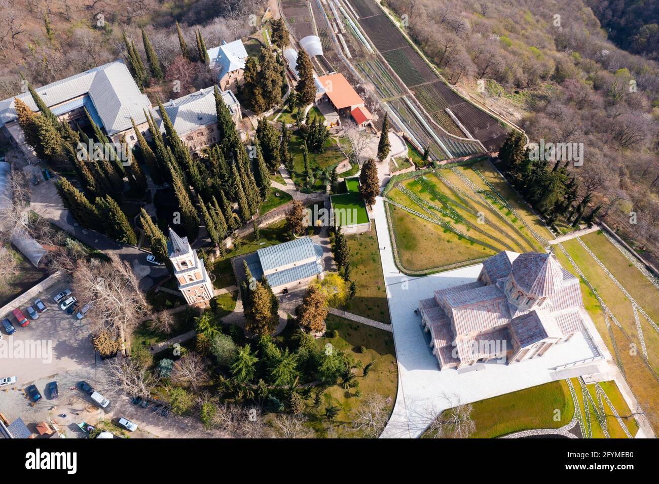 Scenic spring aerial view of monastic complex of Bodbe nunnery on ...