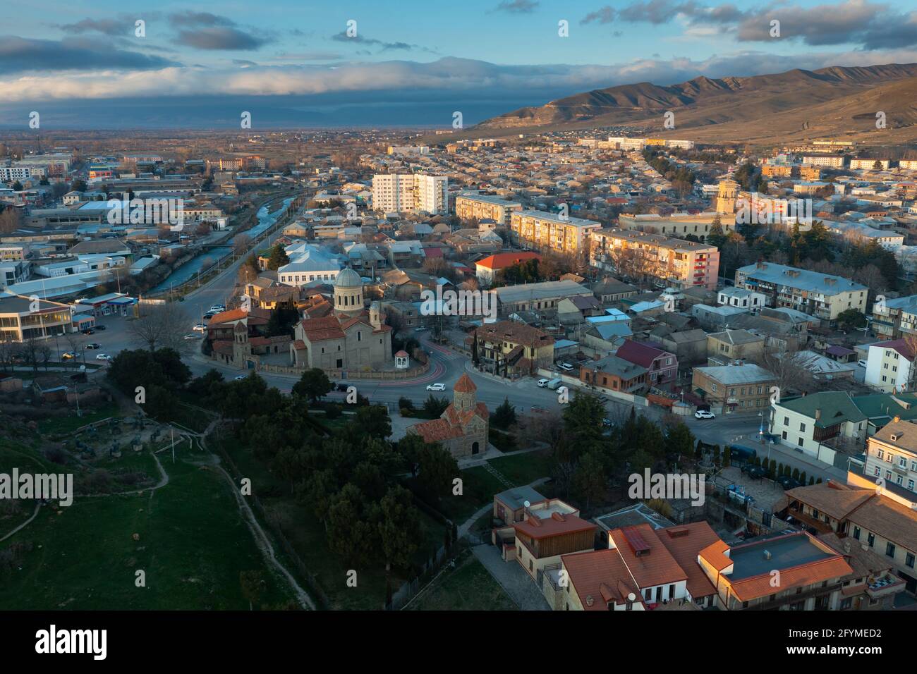 Scenic aerial view of old town of georgian city of Gori at spring Stock ...