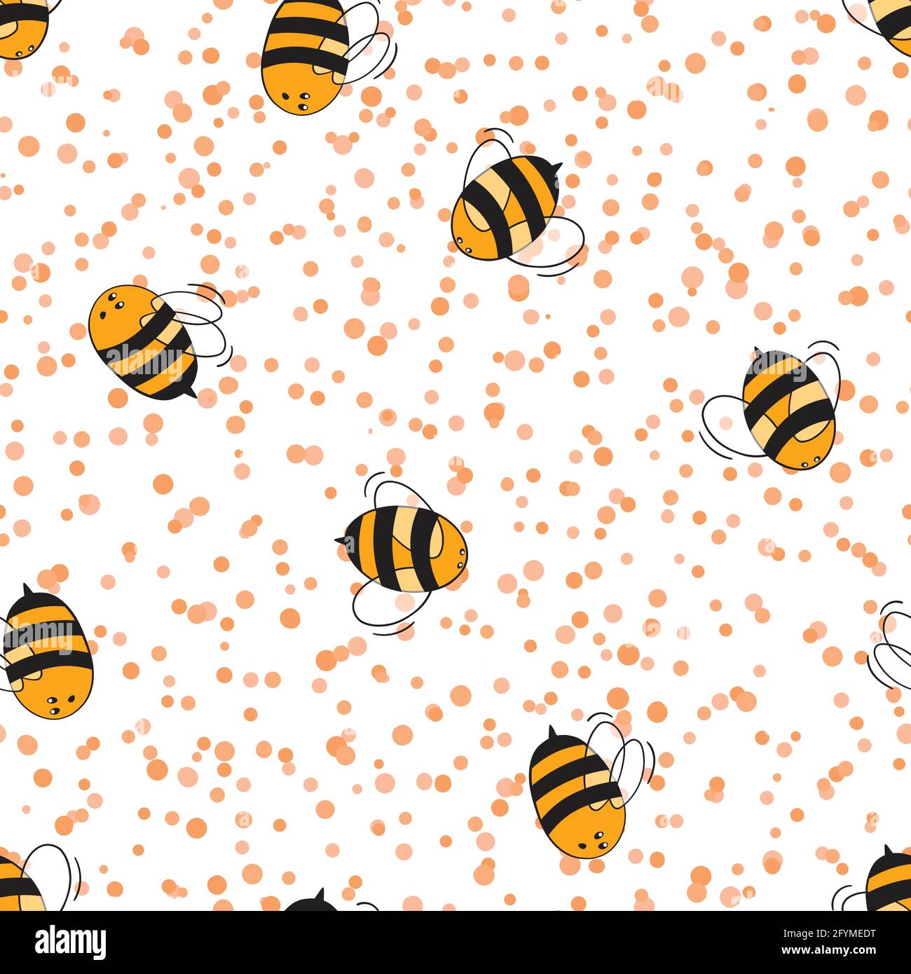 Seamless pattern with bees on white polka dots background. Small wasp ...