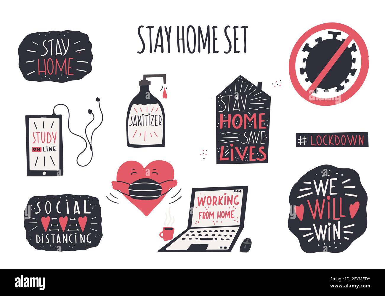 Collection of hand drawn lettering about quarantine and corona virus ...