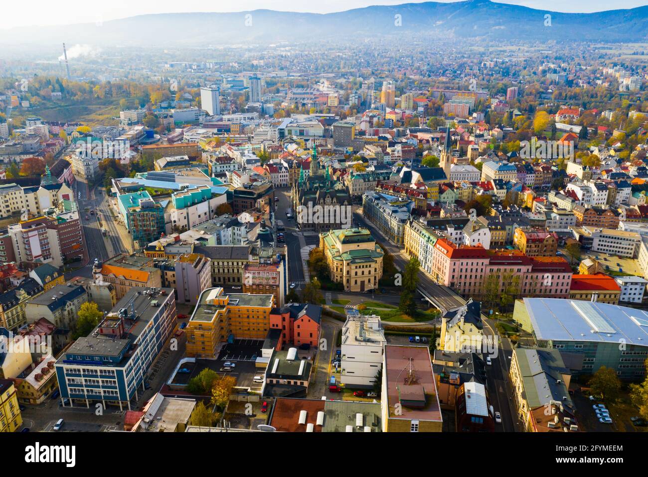 Aerial cityscape of Liberec city in Czech Republic with buildings and ...