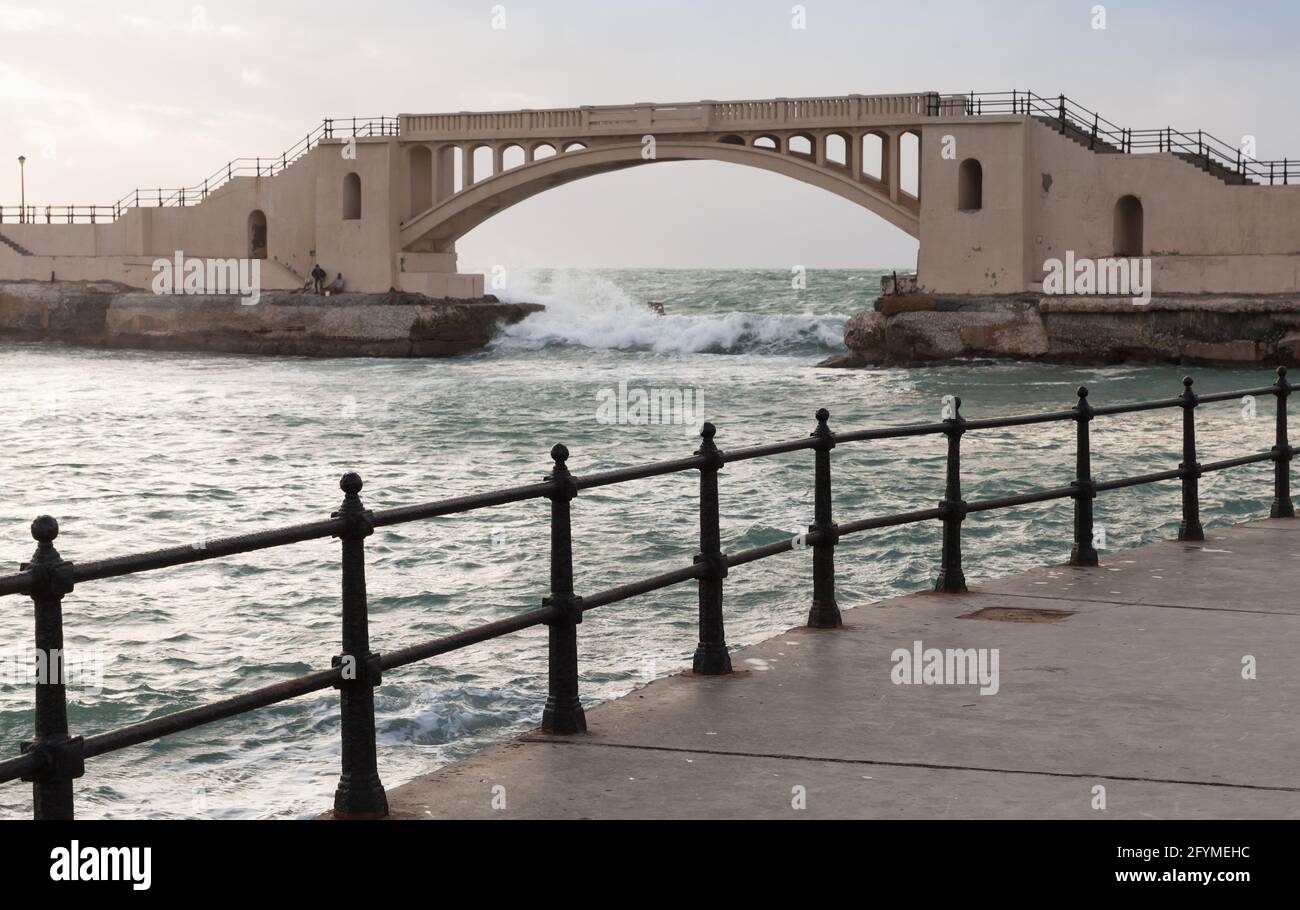 Landscape with Montazah bridge and coastal railings, Alexandria, Egypt ...