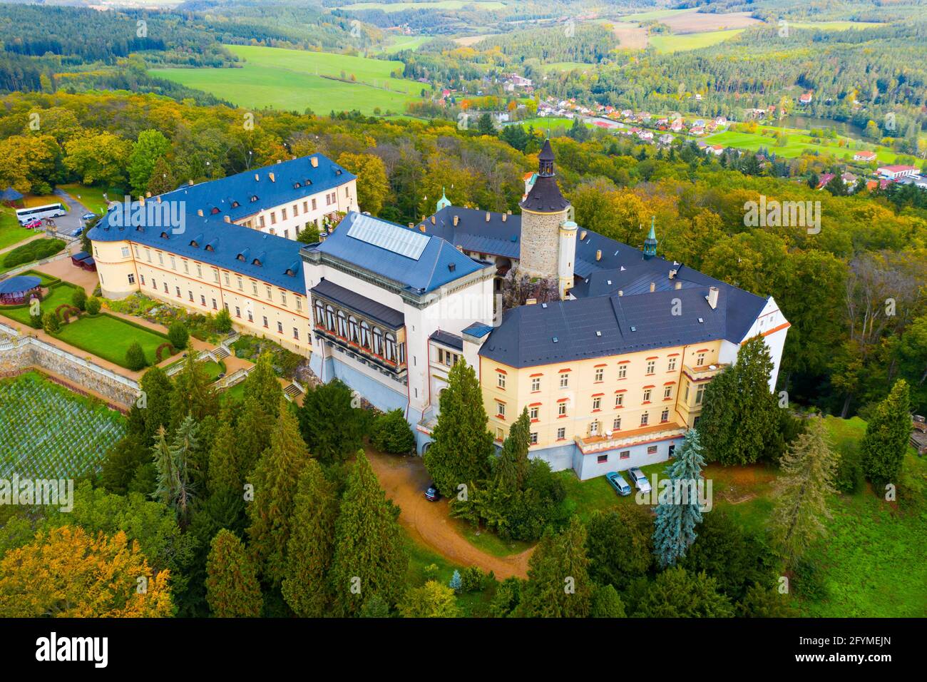 Scenic aerial view of impressive medieval Zbiroh castle on sunny autumn ...