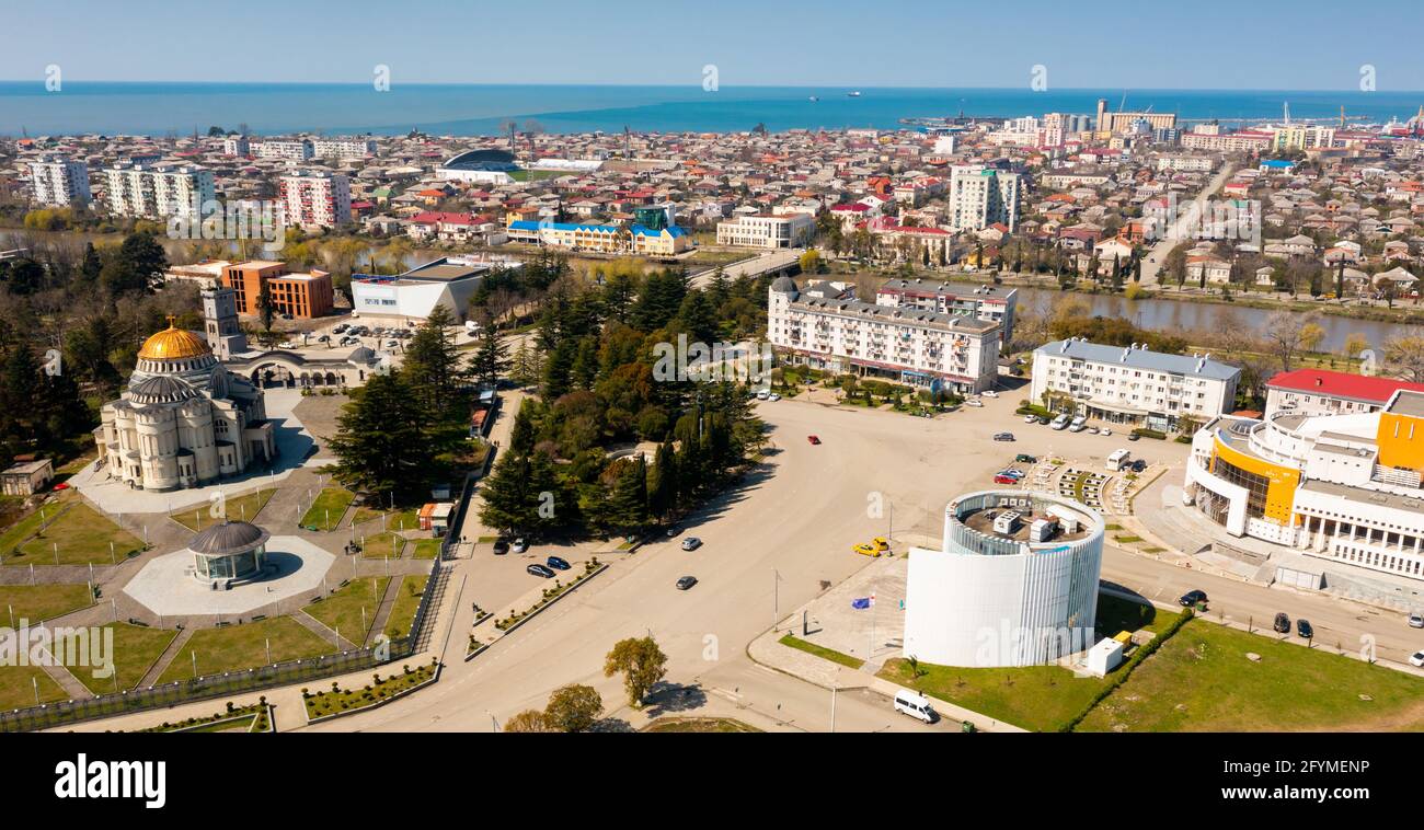 View from drone of Cathedral and center of Poti in spring, Samegrelo ...
