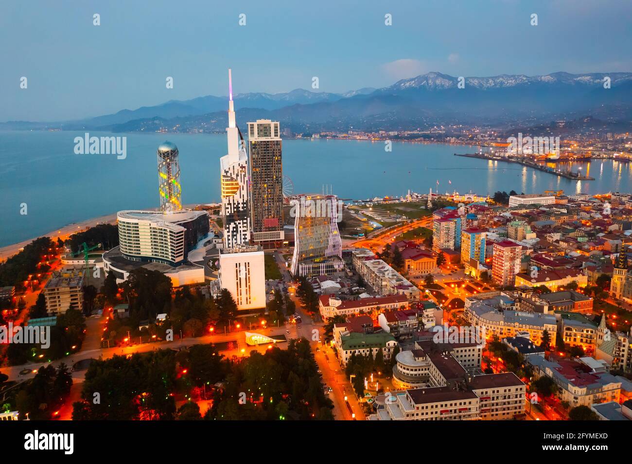 Scenic view from drone of seaside area of Batumi overlooking buildings ...