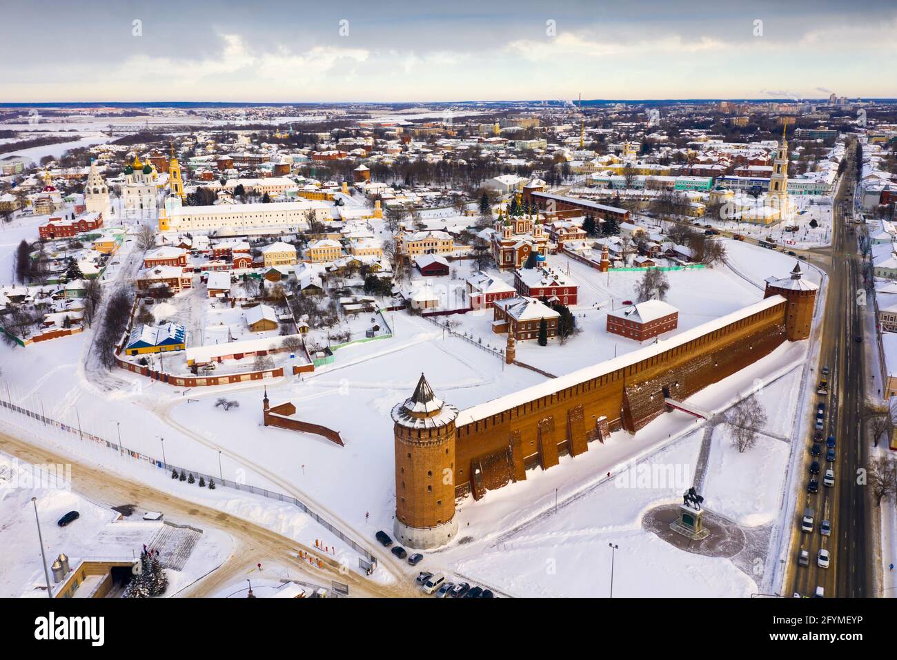 Aerial panoramic view of snow covered cityscape of Kolomna overlooking ...