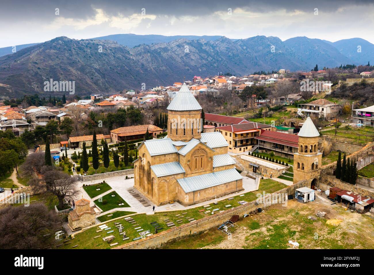 Aerial view of the Samtavro monastery of St. Nino in Mtskheta. Georgia ...