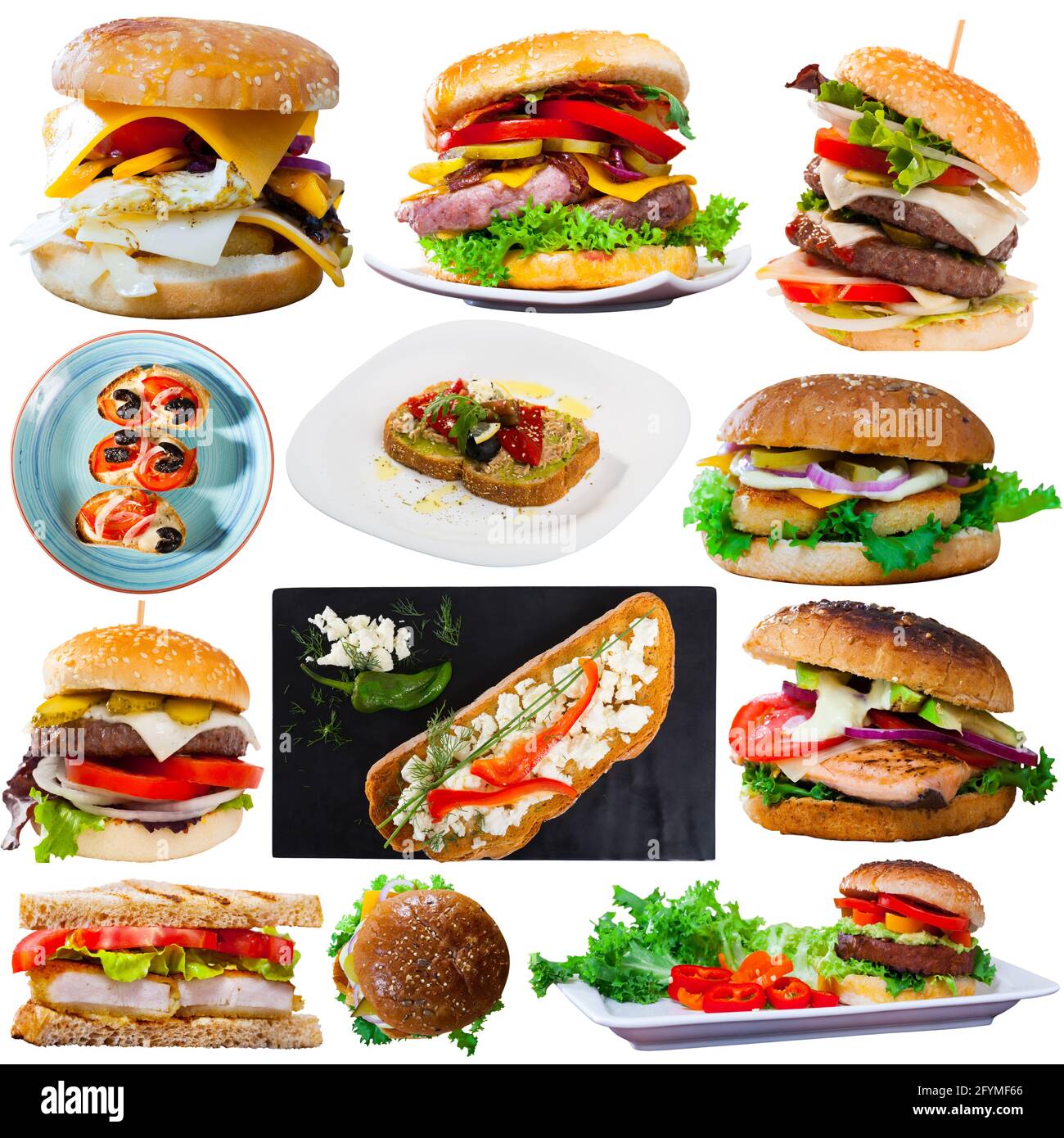 Set of various fast food dishes - burgers and sandwiches isolated on ...
