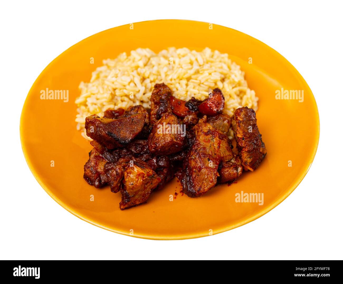 Traditional european food beef stew served with rice as top view on a ...