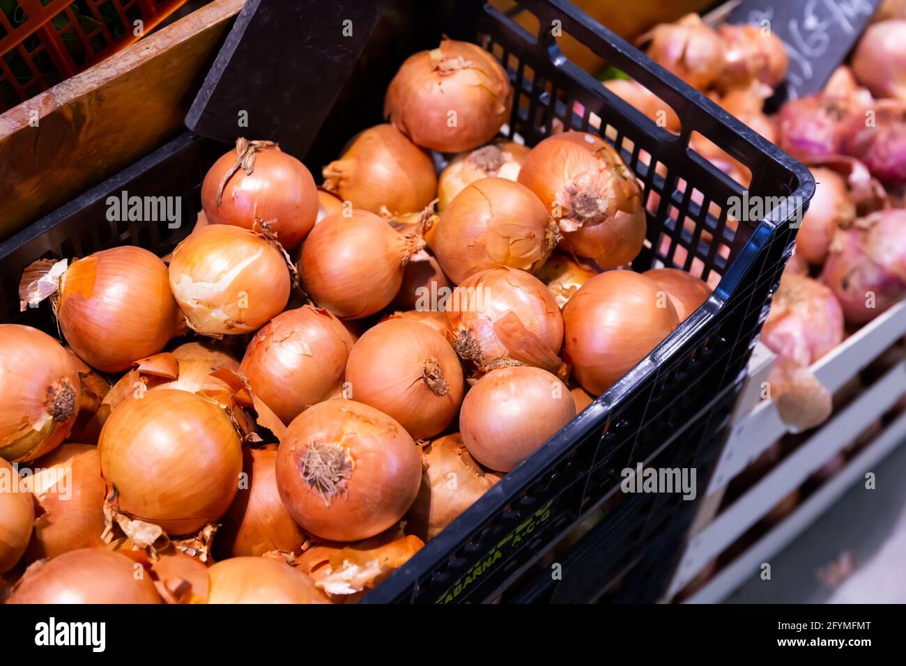 Image of boxes with onion for sale in supermarket, nobody Stock Photo ...