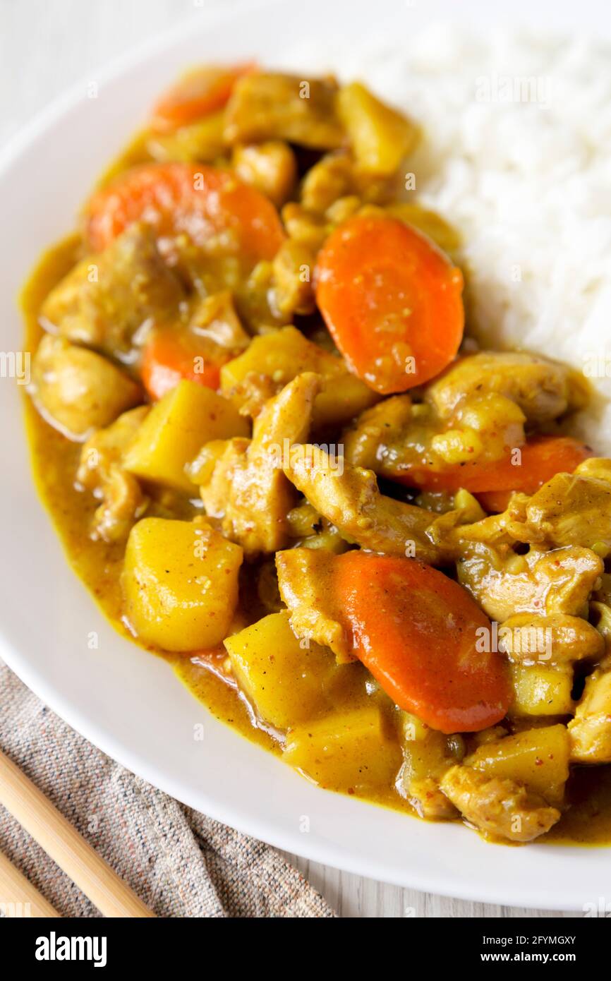 Homemade Japanese Chicken Curry on a white plate, side view. Close-up ...