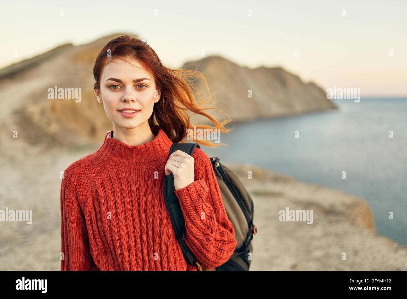 woman in the mountains adventure tourism model landscape sea Stock ...