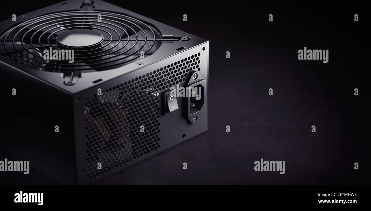 Computer AC power supply unit on black background. 3d illustration ...